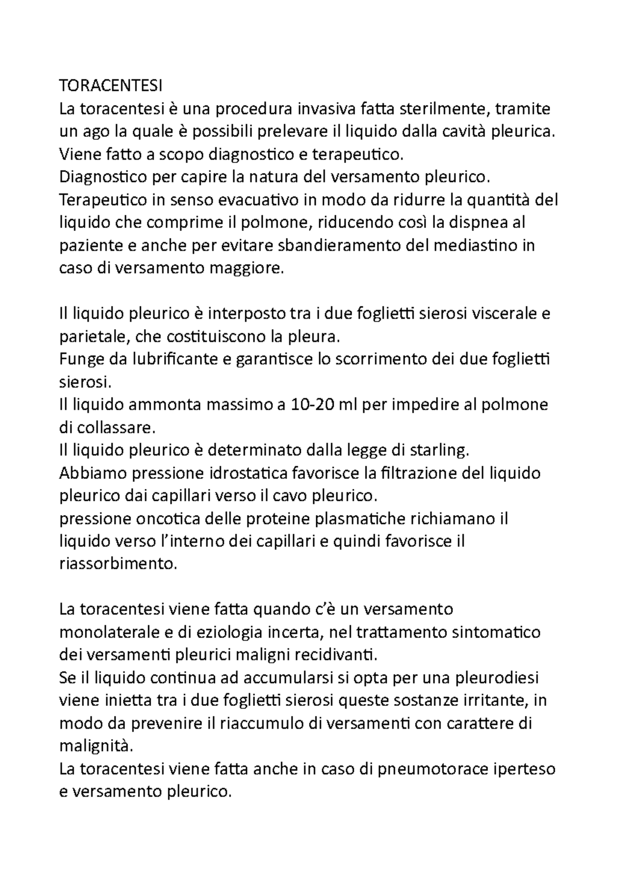 RIASSUNTO DELLA PROCEDURA TORACENTESI TIROCINIO 2 - Tirocinio ...