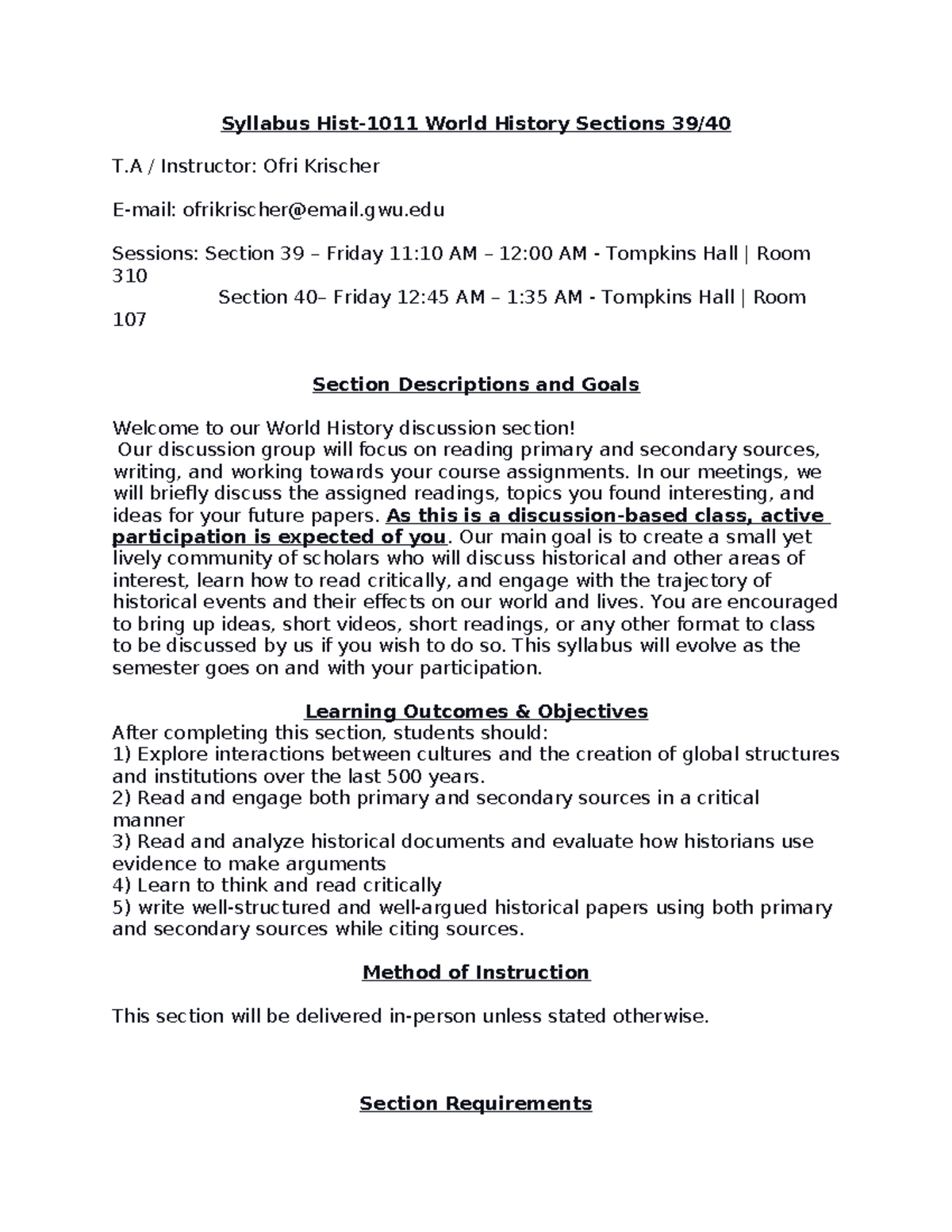 Syllabus World History sections 39 40 - Syllabus Hist-1011 World ...