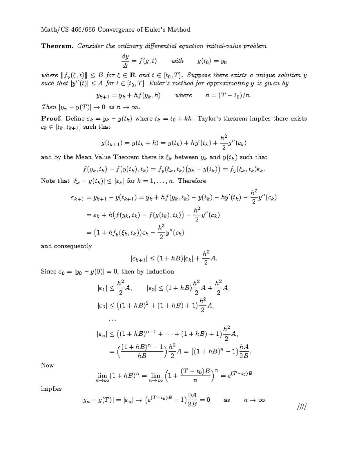 Convergence of Euler's Method - Convergence of Method Theorem. Consider ...