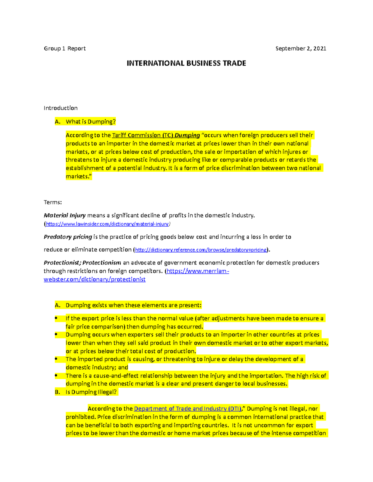 IBT Group 1 Report - PPT - Group 1 Report September 2, 2021 ...