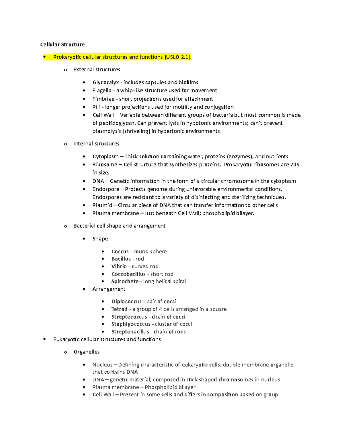 Micro Unit 2 Study Guide - Cellular Structure Prokaryotic cellular ...