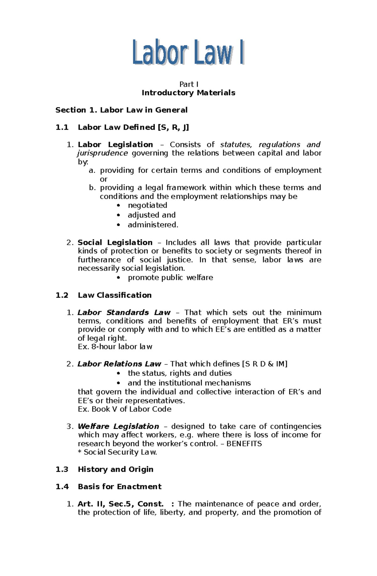 Labor-Law-I - For review - Part I Introductory Materials Section 1 ...
