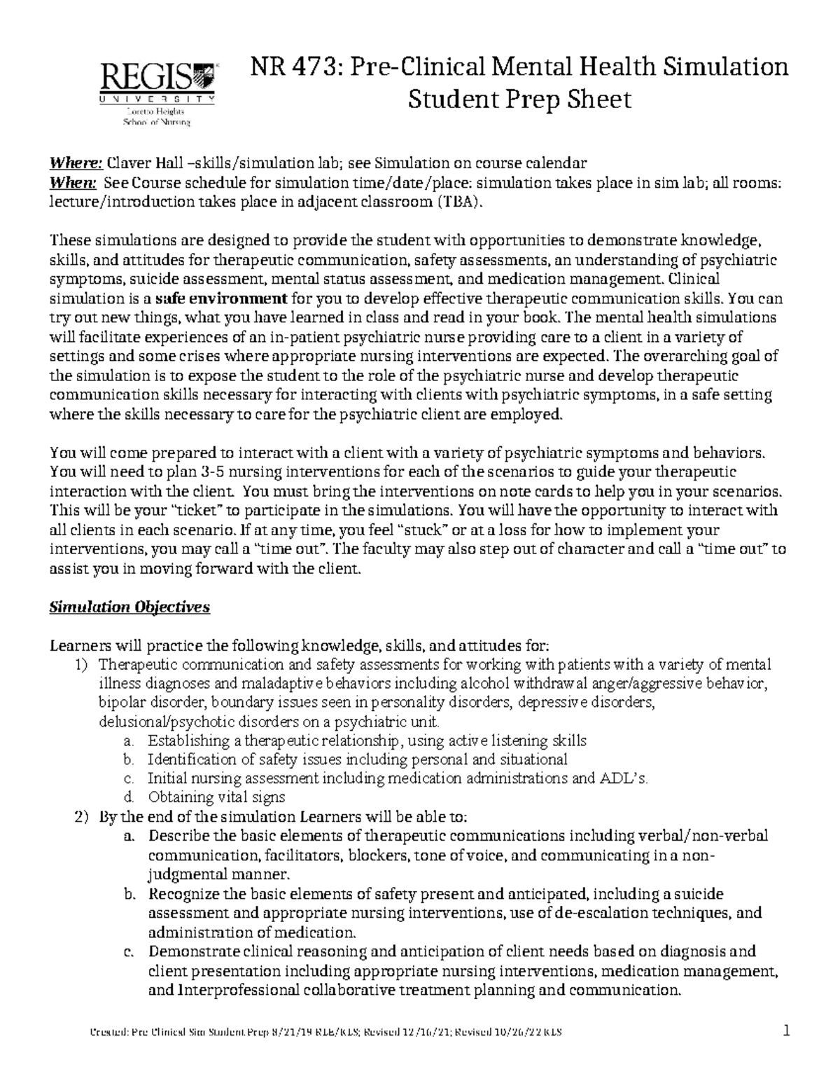 NR473 Pre-Clinical Simulation Student Prep Sheet 2022 - NR 473: Pre ...