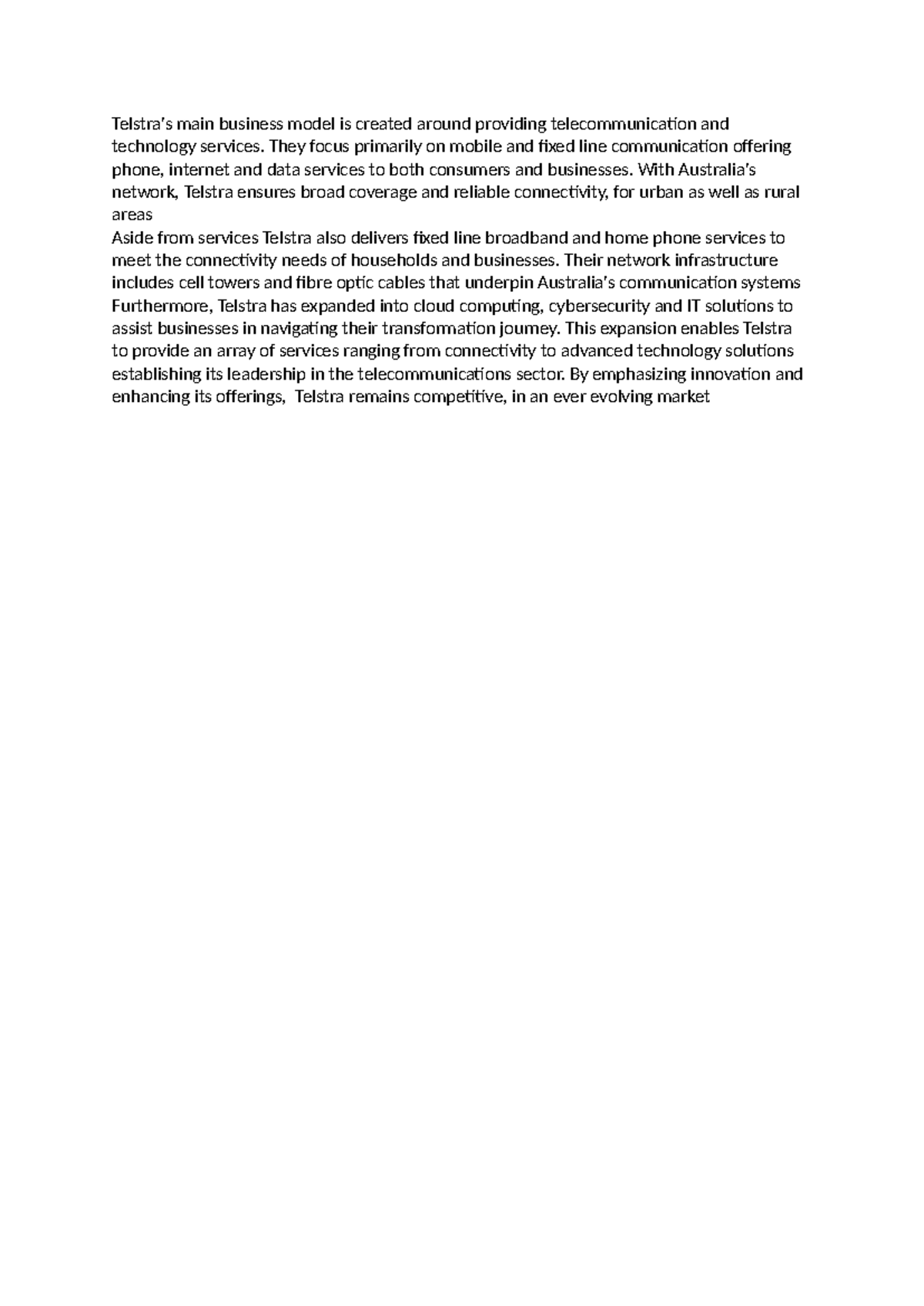 Telstra - assigment - Telstra's main business model is created around ...