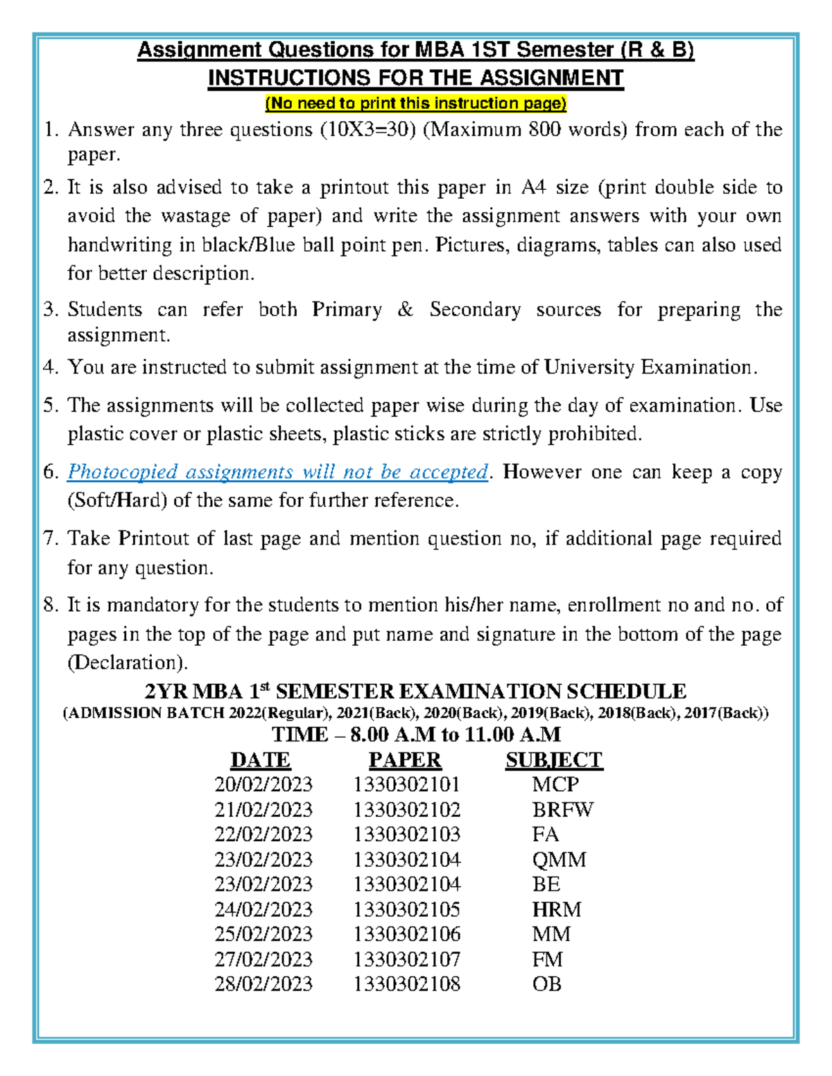 Assignment Questions for MBA 1ST Semester - Answer any three questions ...