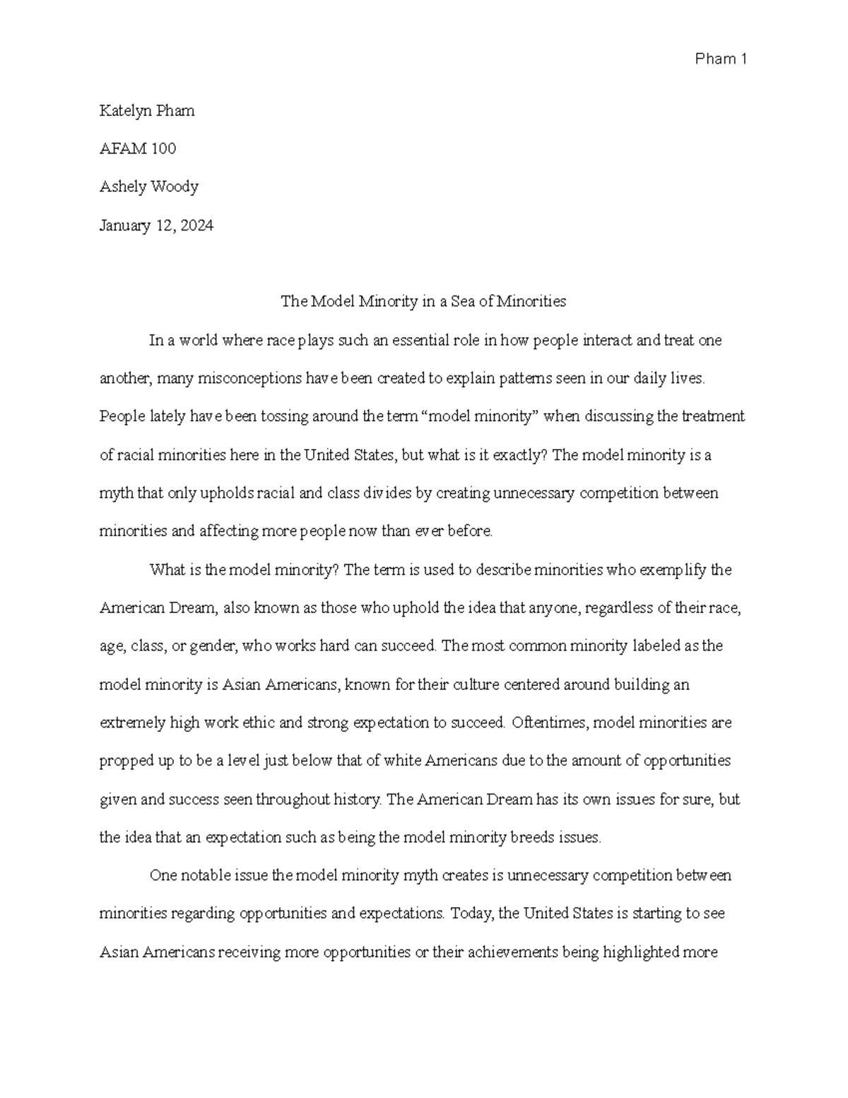 Katelyn Pham- Racial Problem Paper - Katelyn Pham AFAM 100 Ashely Woody ...