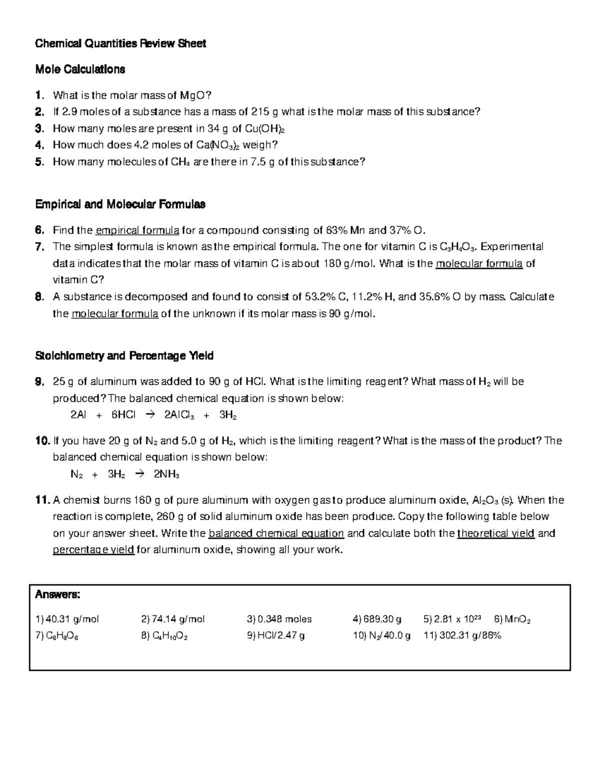 Chemical Quantities Review Sheet - The simplest formula is known as the ...