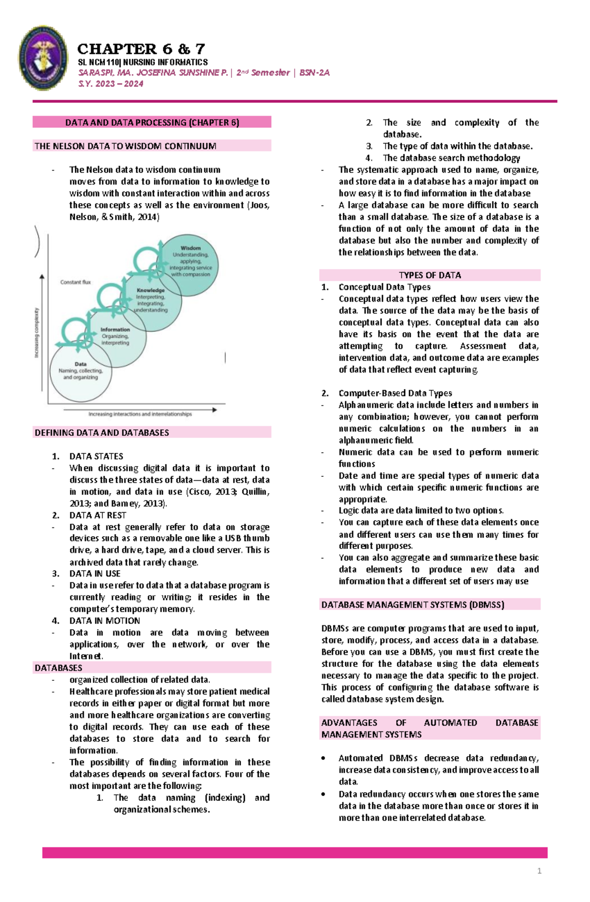 Nursing- Informatics - CHAPTER 6 & 7 SL NCM 110 | NURSING INFORMATICS ...
