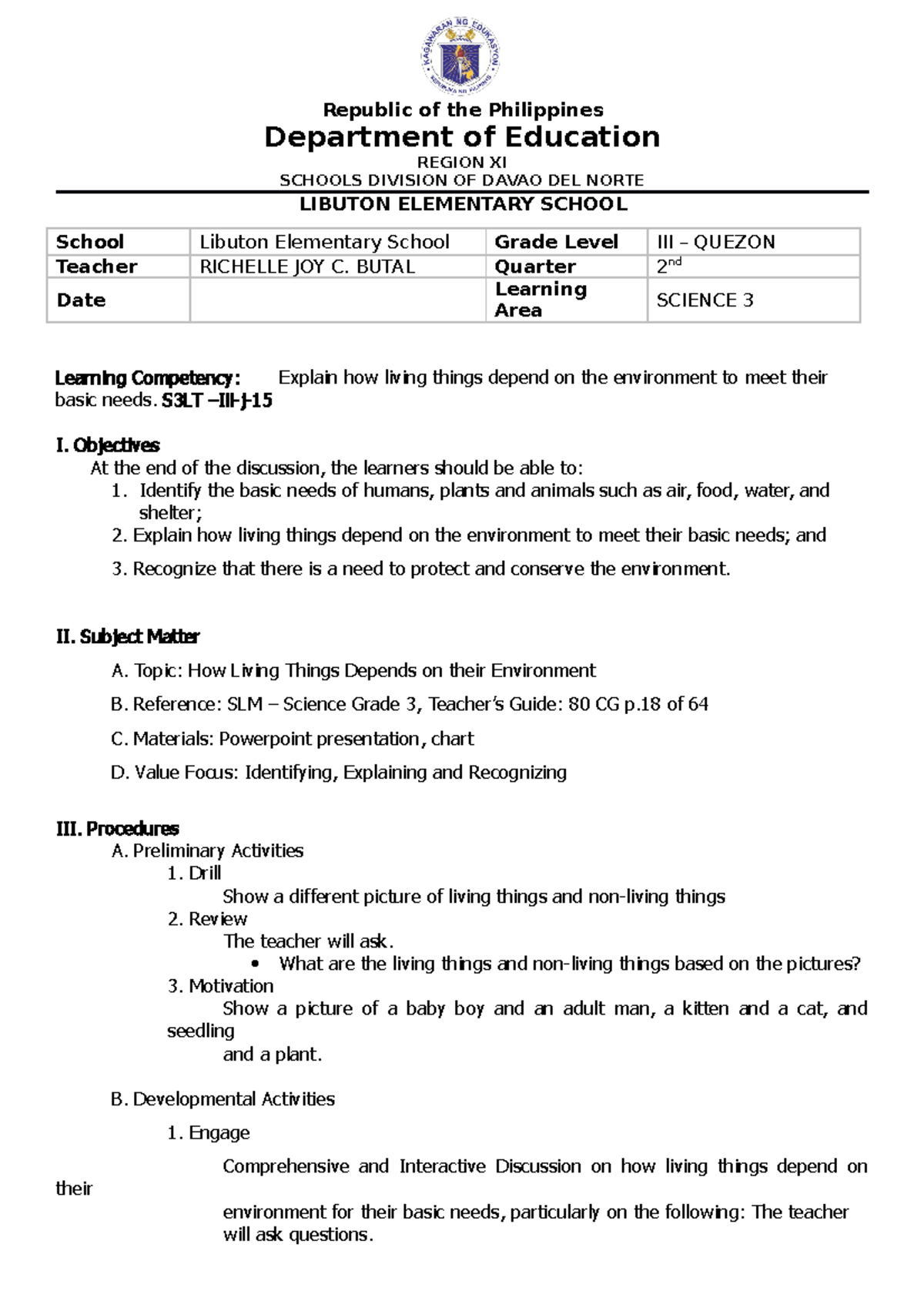Lesson PLAN- Science 3 - Republic of the Philippines Department of Education REGION XI SCHOOLS ...