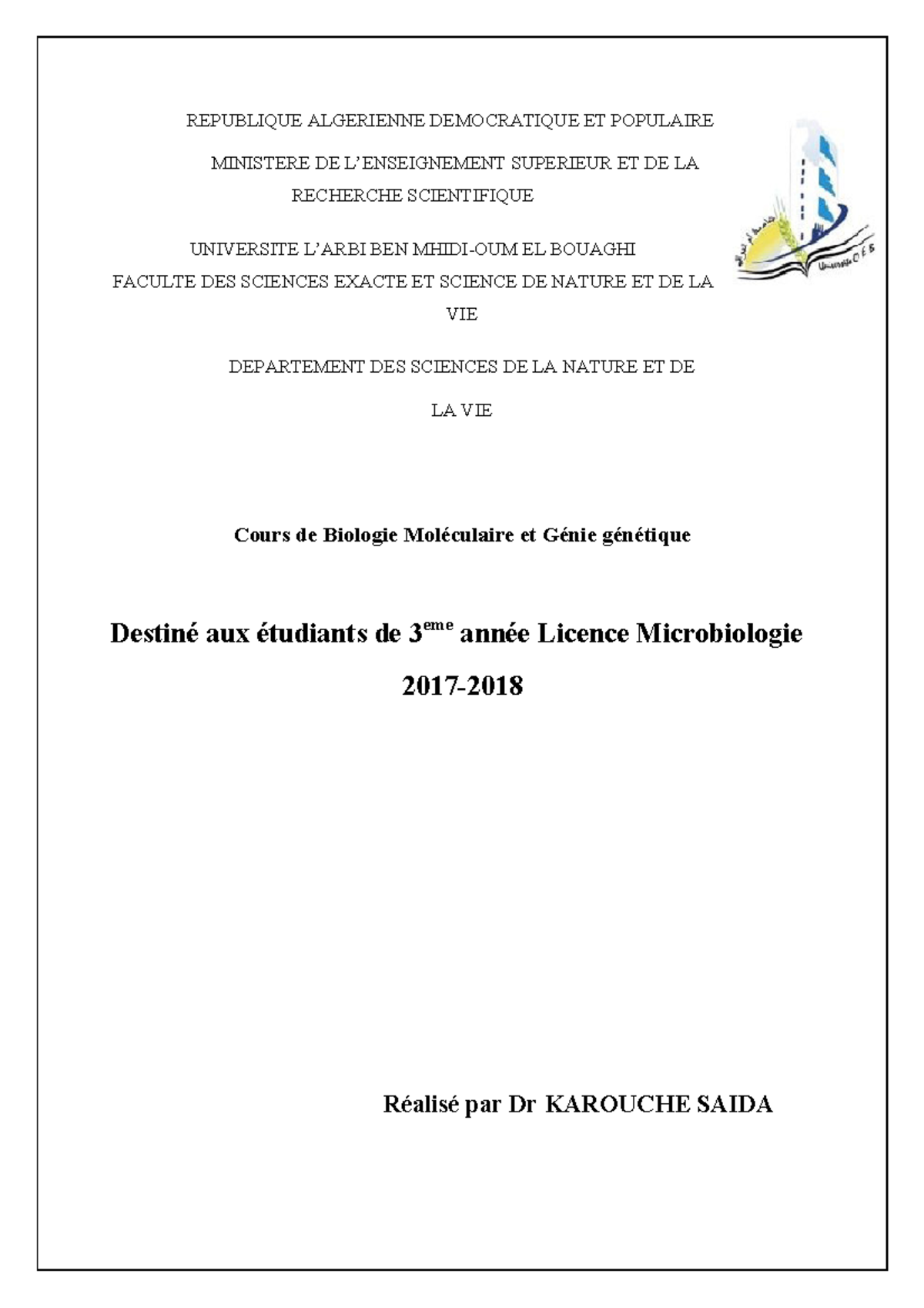 cours de biologie moleculaire et génie génétique - Biologie Moleculaire ...