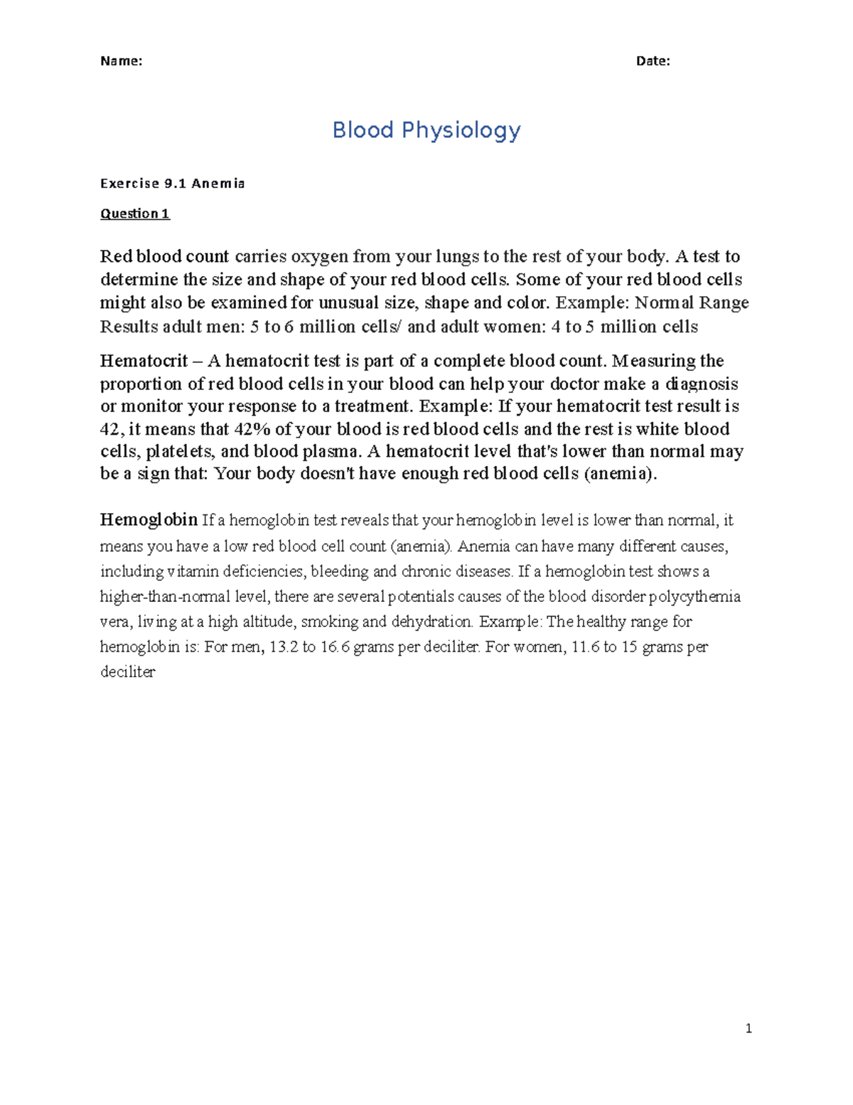 Blood Template - N/A - Blood Physiology Exercise 9 Anemia Question 1 ...