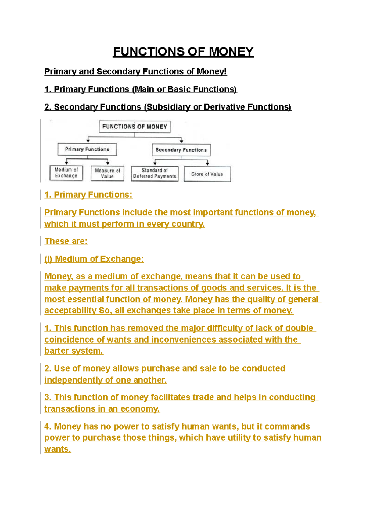 Functions OF Money Lecture Notes 3 FUNCTIONS OF MONEY Primary And