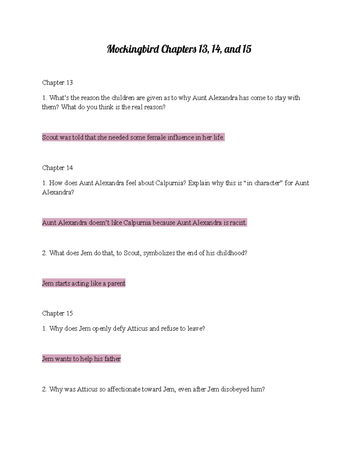 To Kill A Mockingbird Chapters 13, 14, 15 Questions - Mockingbir ...