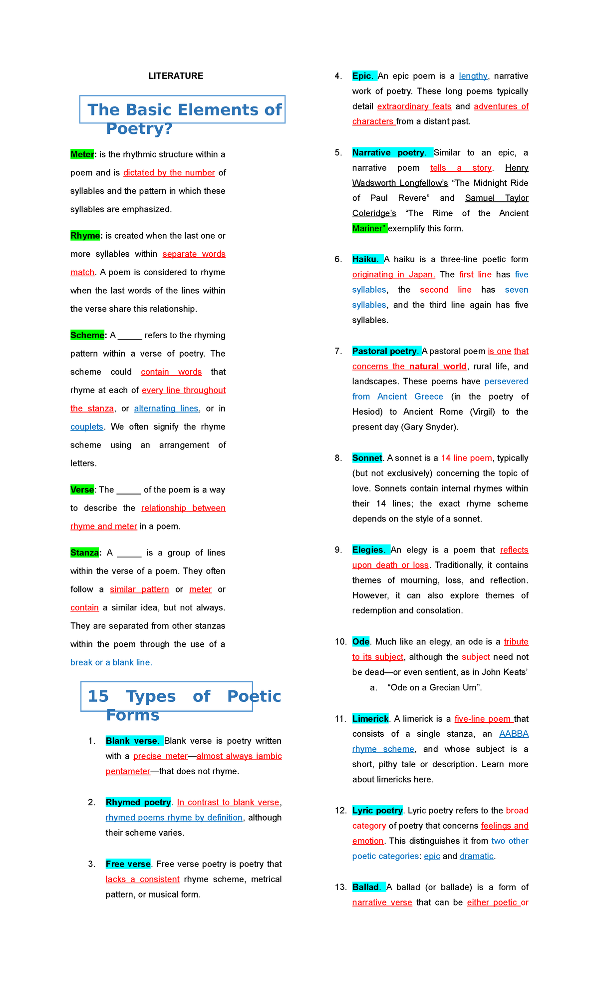 Literature - ghyjfh - LITERATURE The Basic Elements of Poetry? Meter ...