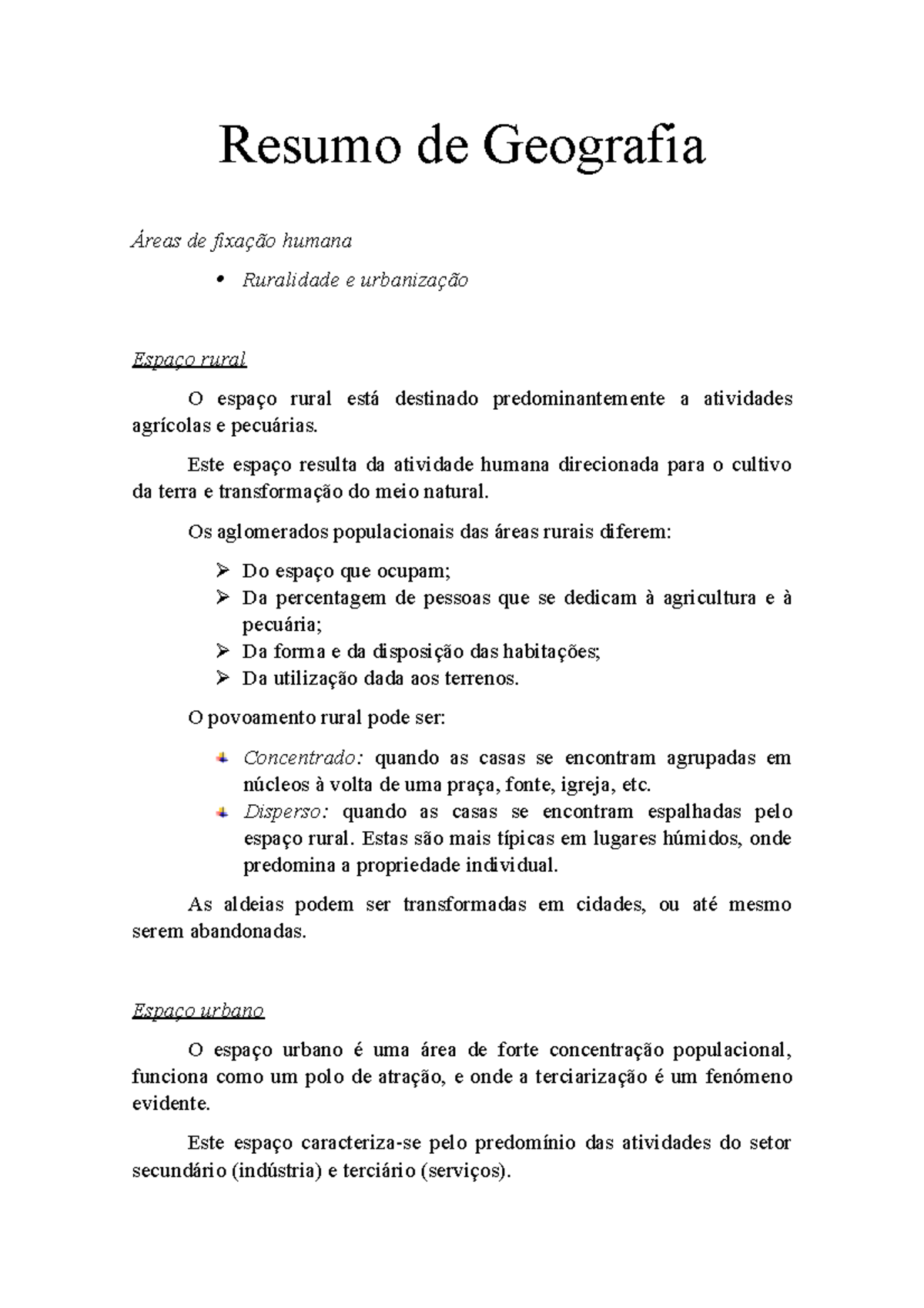 Resumo de Geografia - Resumo de Geografia Áreas de fixação humana ...