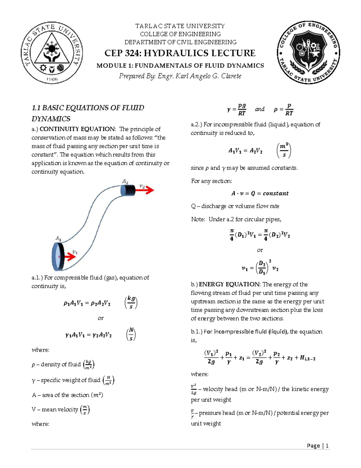 Week 2 Hydraulics Lec Module 1 - TARLAC STATE UNIVERSITY COLLEGE OF ...