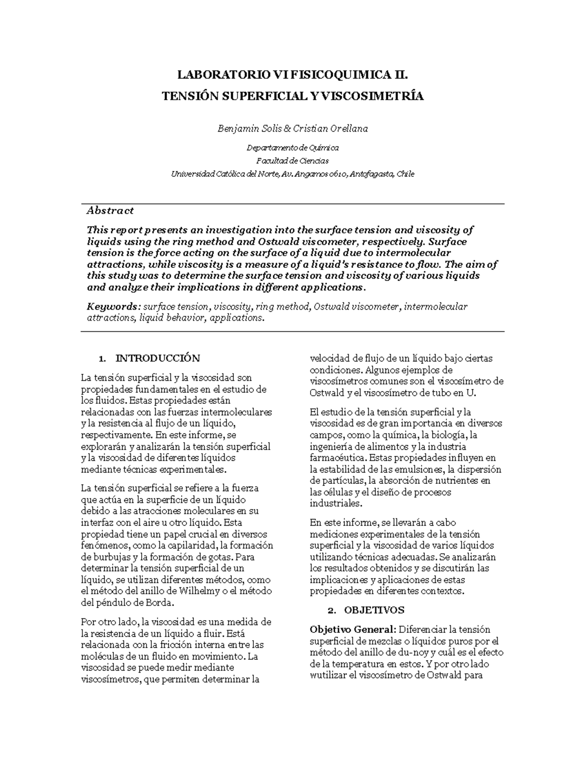 Informe VI Fisicoquimica II (1) - LABORATORIO VI FISICOQUIMICA II. TENSIÓN SUPERFICIAL Y - Studocu