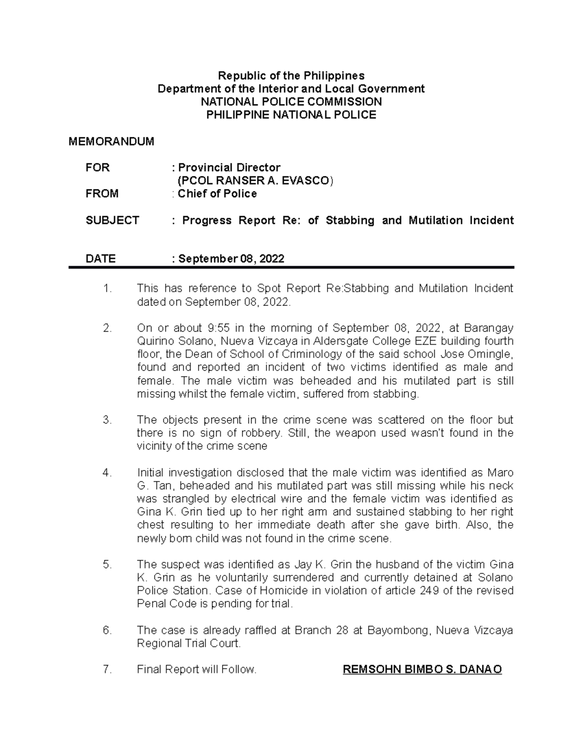 Progress-report - hsjsks - Republic of the Philippines Department of ...