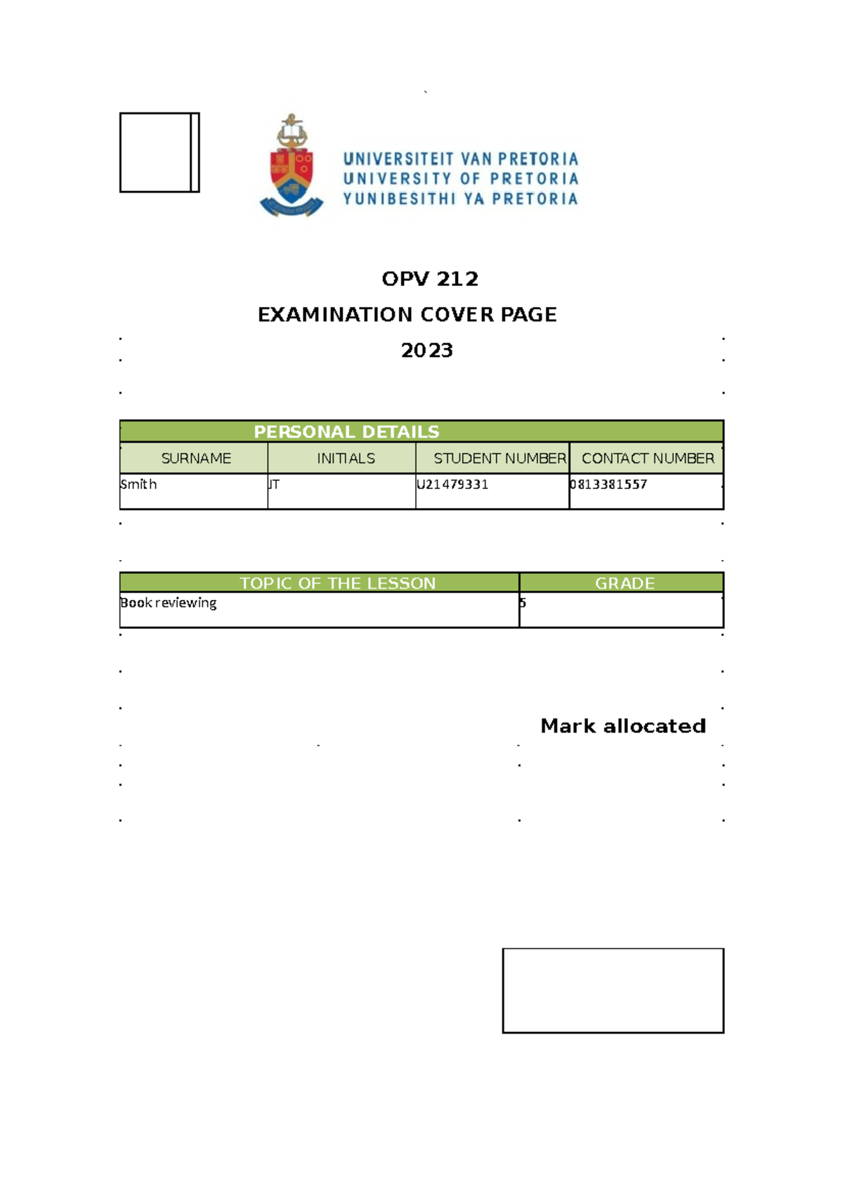 OPV exam assisgnment - Exam assignments - ` OPV 212 EXAMINATION COVER ...