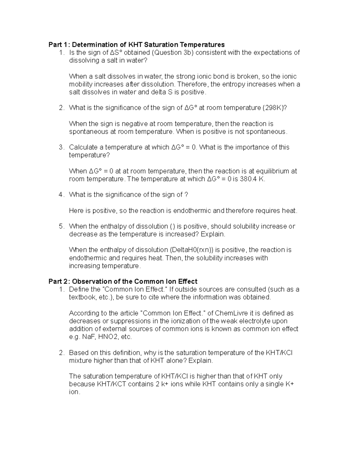 Post lab kinetics CHM1046L - Part 1: Determination of KHT Saturation ...