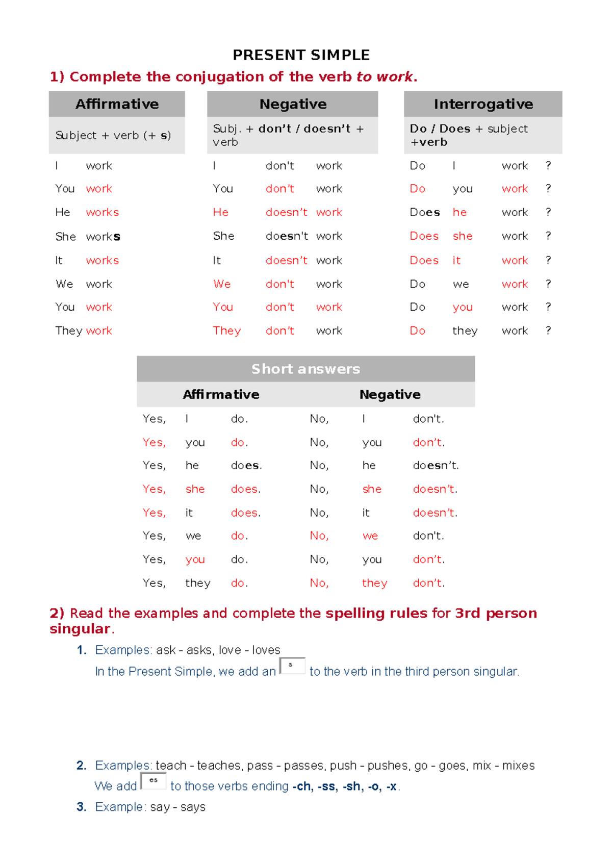 Present-simple-worksheets - PRESENT SIMPLE 1) Complete the conjugation ...