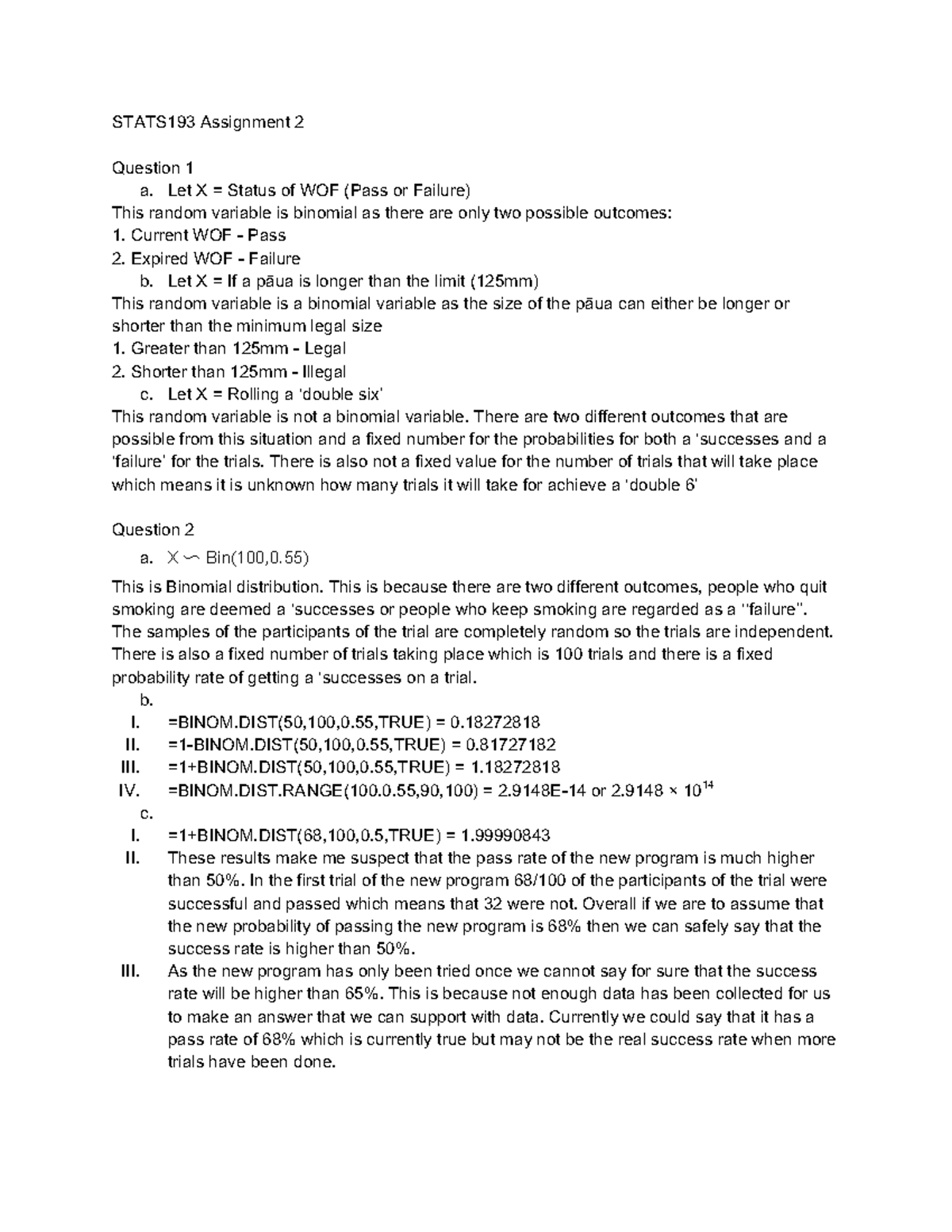 Assignment 2 STAT193 - STATS193 Assignment 2 Question 1 a. Let X ...
