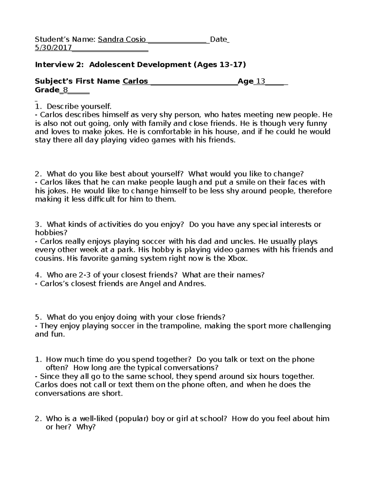 Child 11 interview 2 - Student’s Name: Sandra Cosio Date 5/30/2017 ...