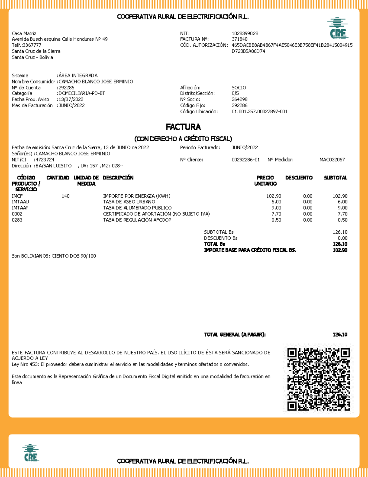 Factura - Producción - Casa Matriz NIT: FACTURA Nº: 371840 CÓD ...