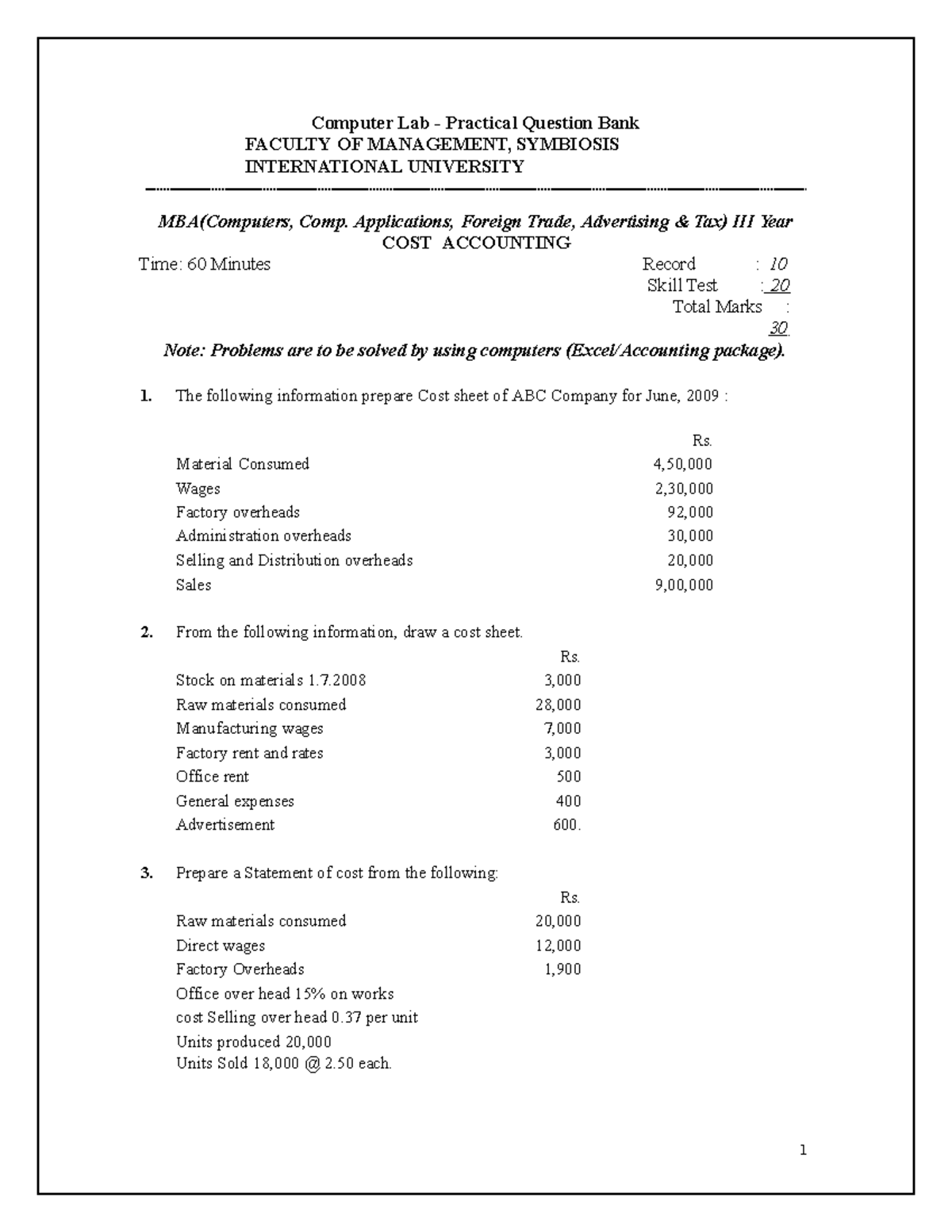 Cost Accounting 1- Assignment - Computer Lab - Practical Question Bank FACULTY OF MANAGEMENT ...