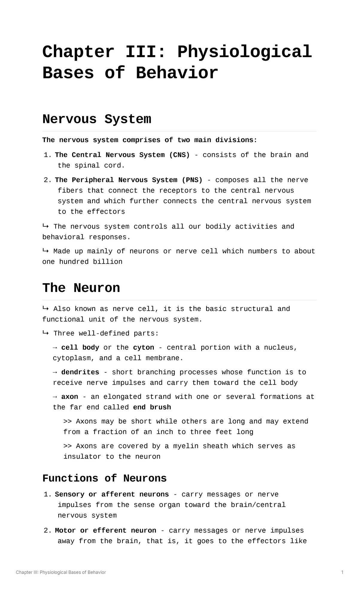 Chapter III Physiological Bases of Behavior - Chapter III ...