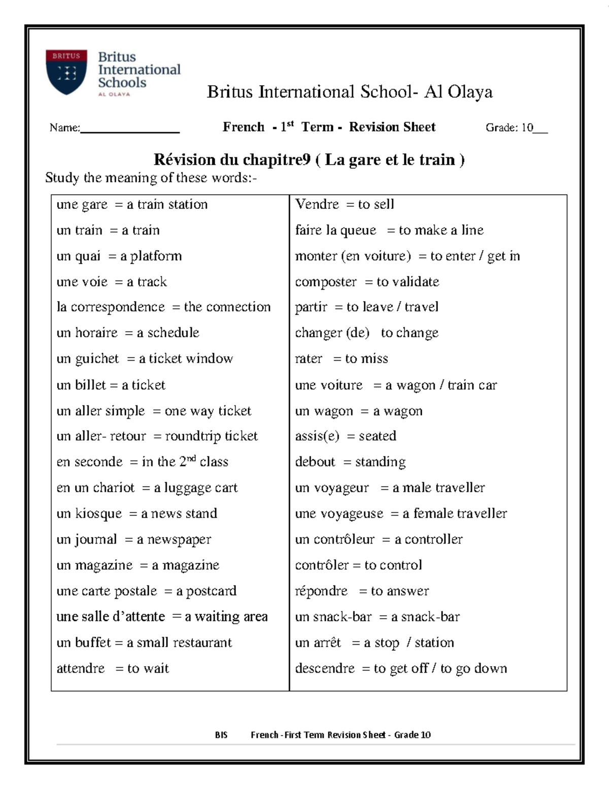 10 1st Term Revision Grade 10 - Ans - Name: French - 1st Term ...