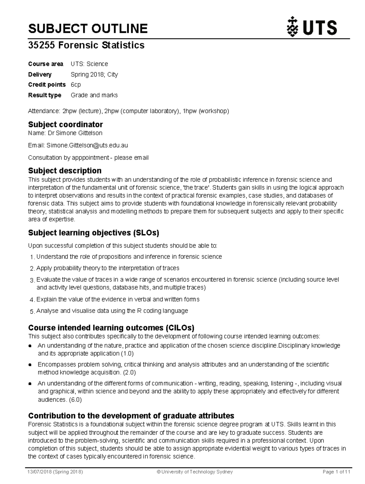 Course Unit Outline - SUBJECT OUTLINE 35255 Forensic Statistics Course ...