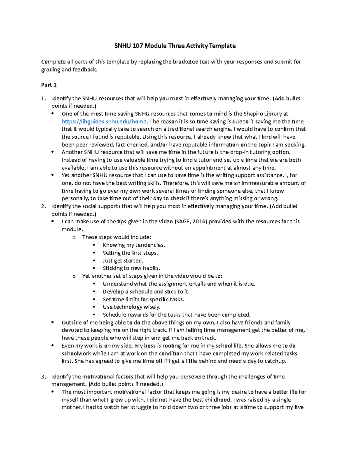 Module 3 - Time Management - SNHU 107 Module Three Activity Template ...
