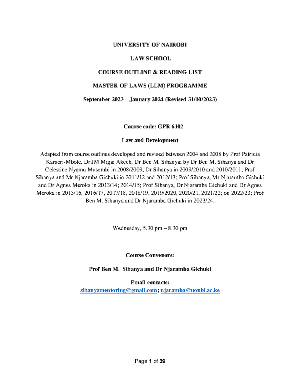 Law and Development Course Outline 2023.2024 - UNIVERSITY OF NAIROBI ...