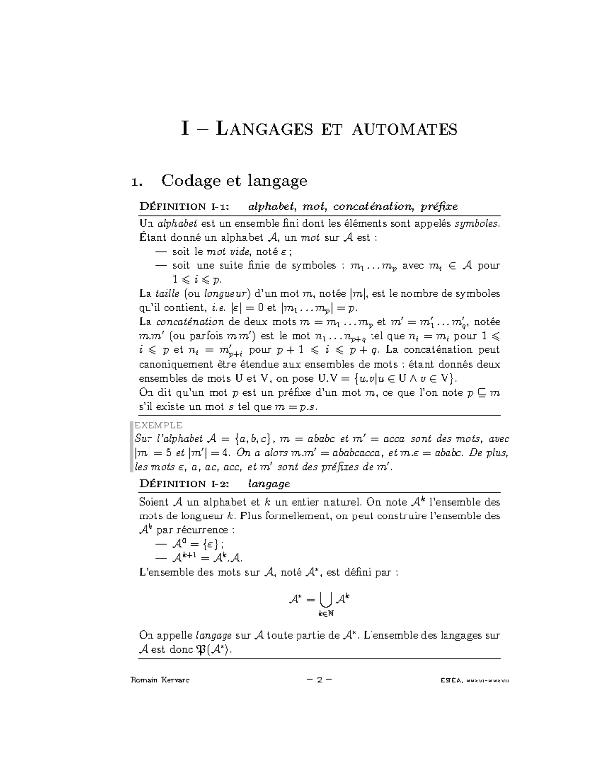 Chap1 - Notes de cours 1 - I – Langages et automates . Codage et ...
