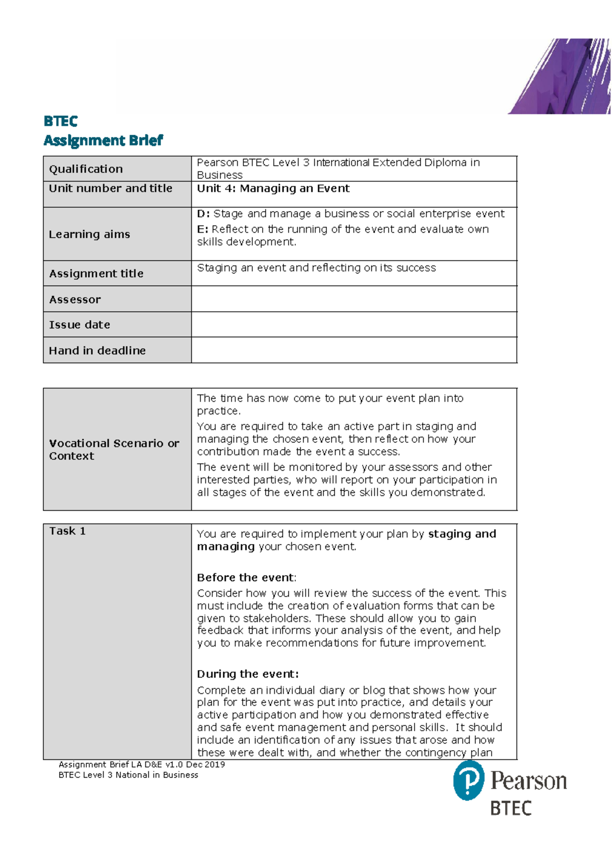 managing an event - Assignment Brief LA D&E v1 Dec 2019 BTEC Level 3 ...