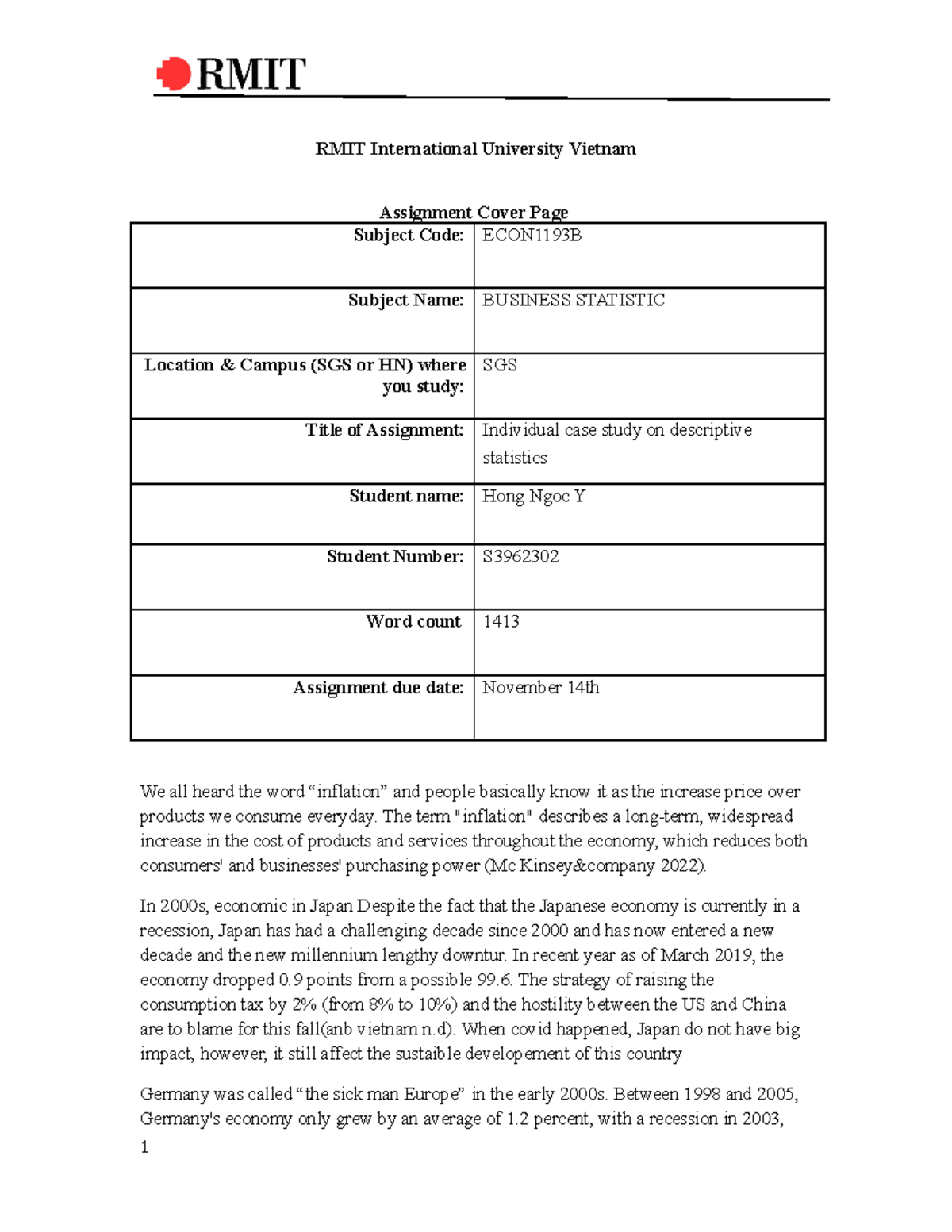Asm 1 bstat cover page - business statistic asm 1 - RMIT International University Vietnam ...