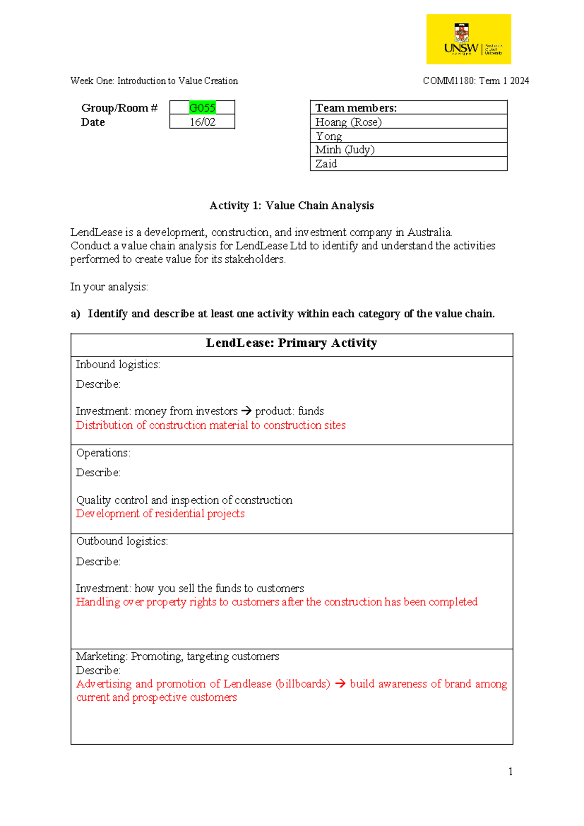 Week 1 Tutorial - Group/Room # G Date 16/ Team members: Hoang (Rose) Yong Minh (Judy) Zaid ...