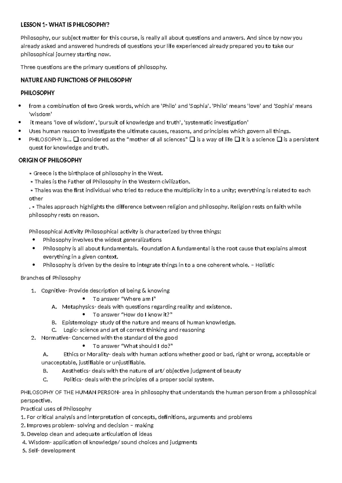 Lesson 1 - 2 handouts - Lecture notes - LESSON 1- WHAT IS PHILOSOPHY ...