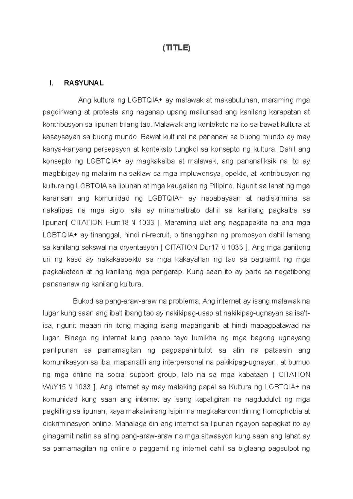 Pagsasalisik- Group draft - (TITLE) I. RASYUNAL Ang kultura ng LGBTQIA+ ...