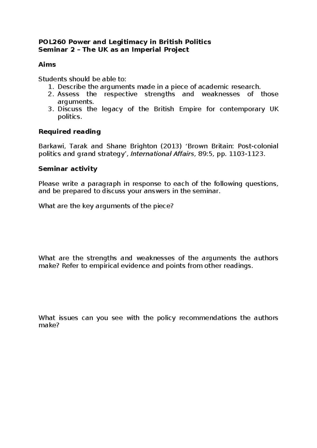 POL260 Week 2 UK as Imperial Project Seminar Handout - POL260 Power and ...