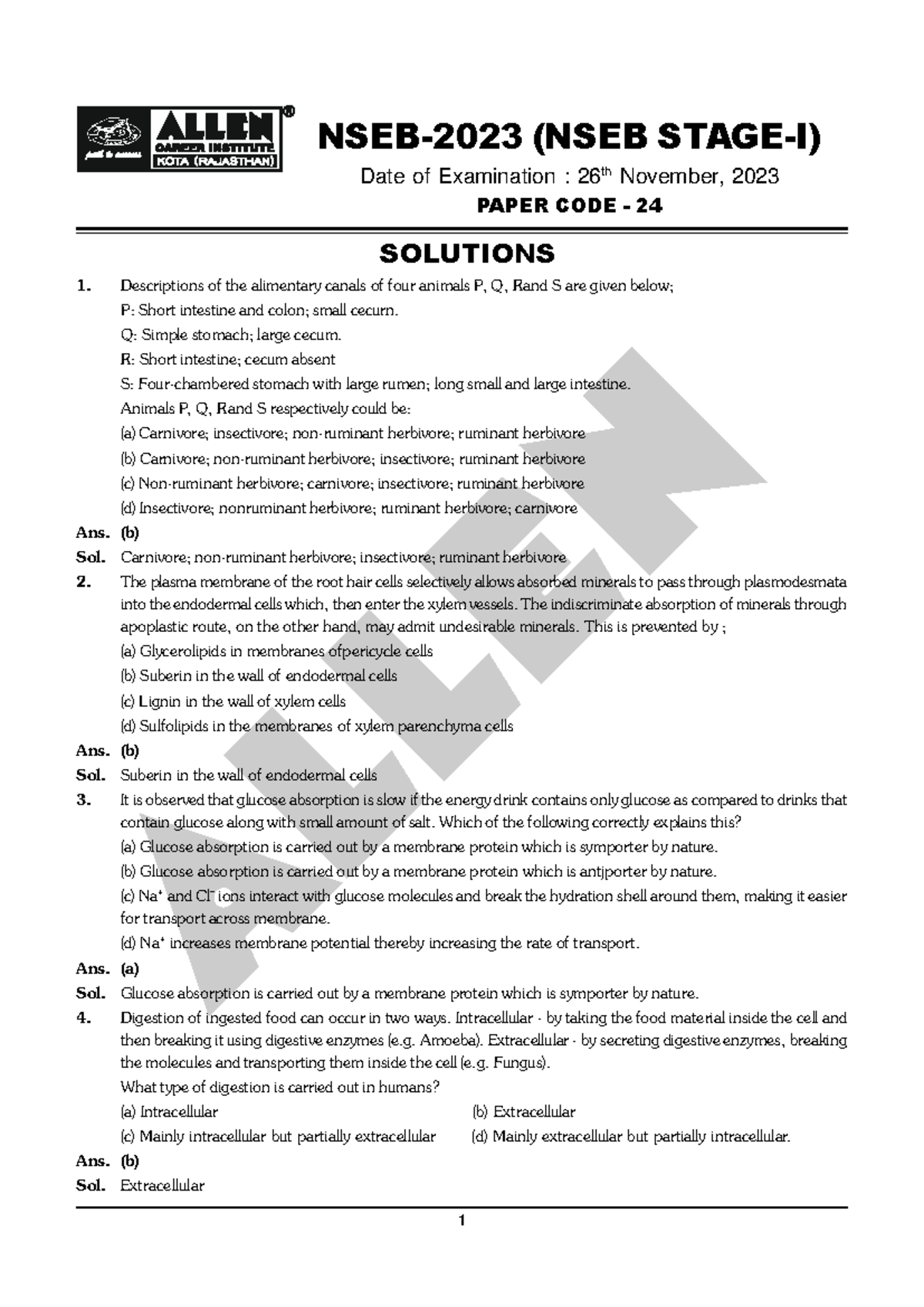 NSEB 2023 Exam Solution Paper - ALLEN Descriptions of the alimentary ...