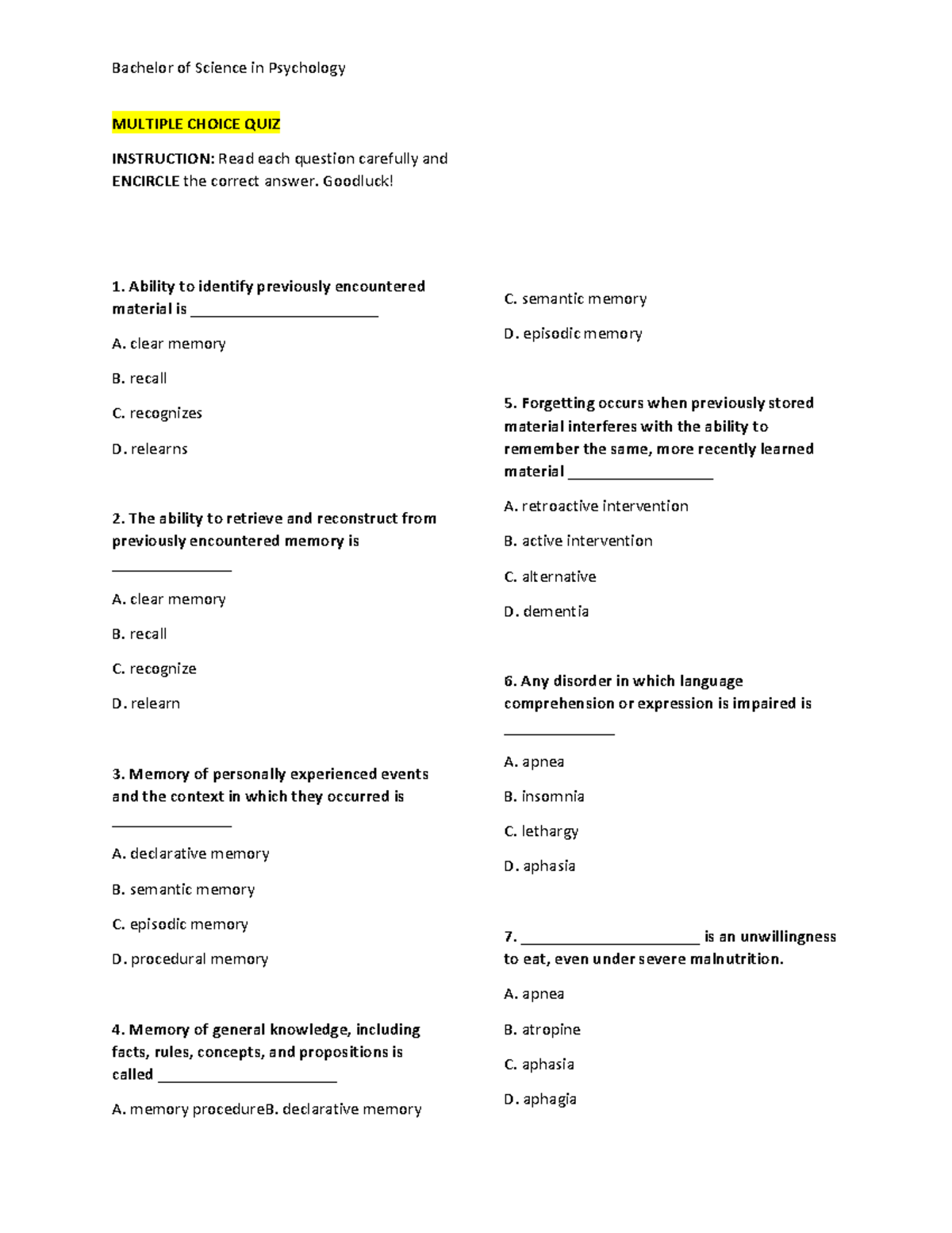 Psychology Practice Quiz 1 - MULTIPLE CHOICE QUIZ INSTRUCTION : Read ...