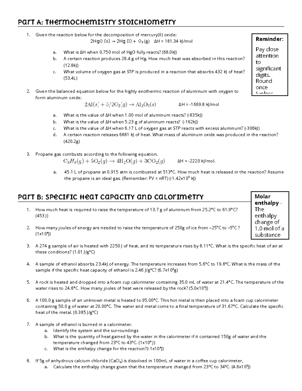 Calorimetry and Heat Capacity - Part A: Thermochemistry Stoichiometry ...