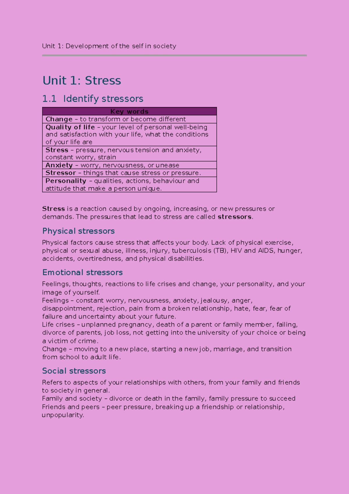 Stress and stressors - Unit 1: Development of the self in society Unit ...
