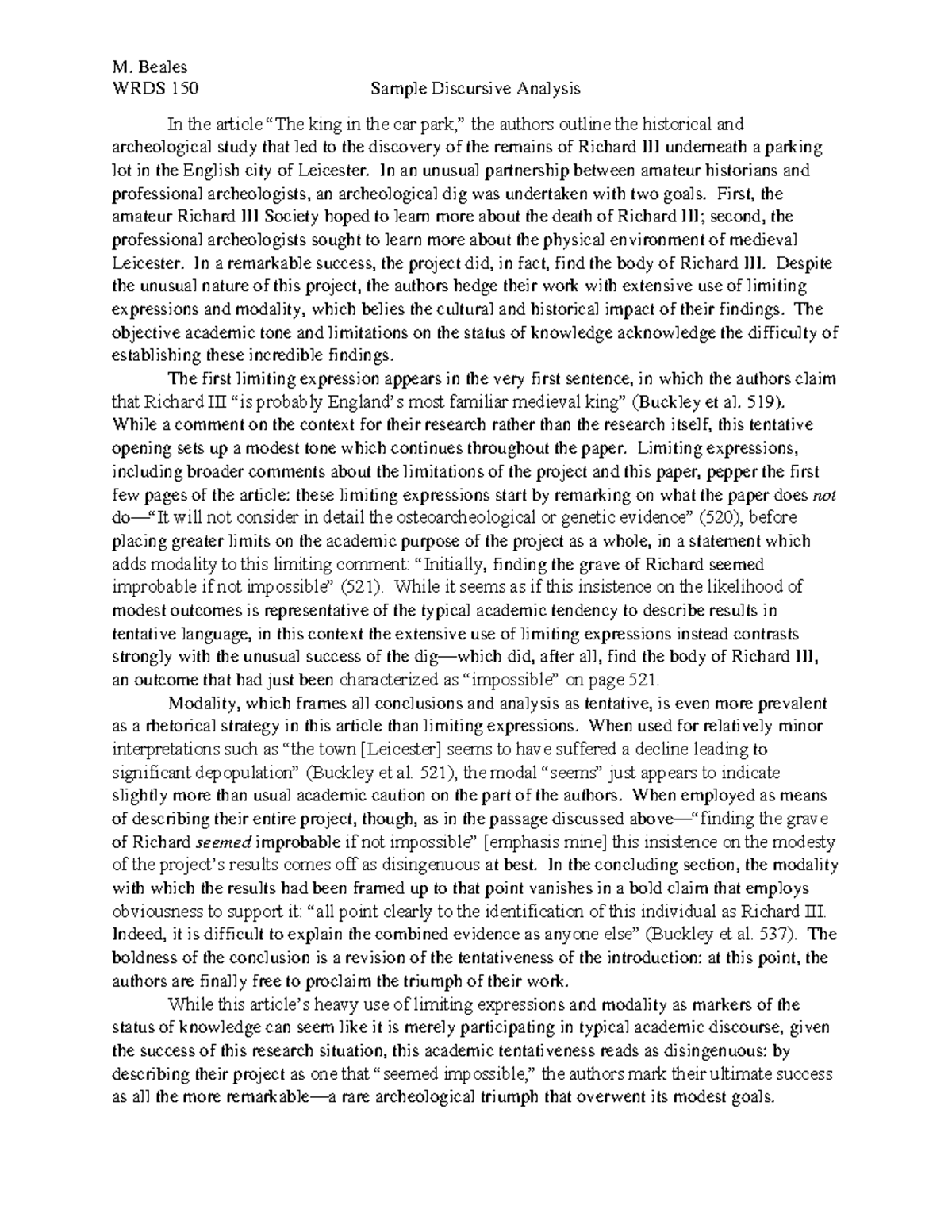 Sample Discursive Analysis King in the Car Park - WRDS 150 - UBC - Studocu