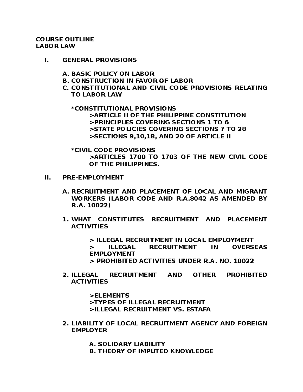 Course- Outline Labor-LAW PART-1 - COURSE OUTLINE LABOR LAW I. GENERAL ...