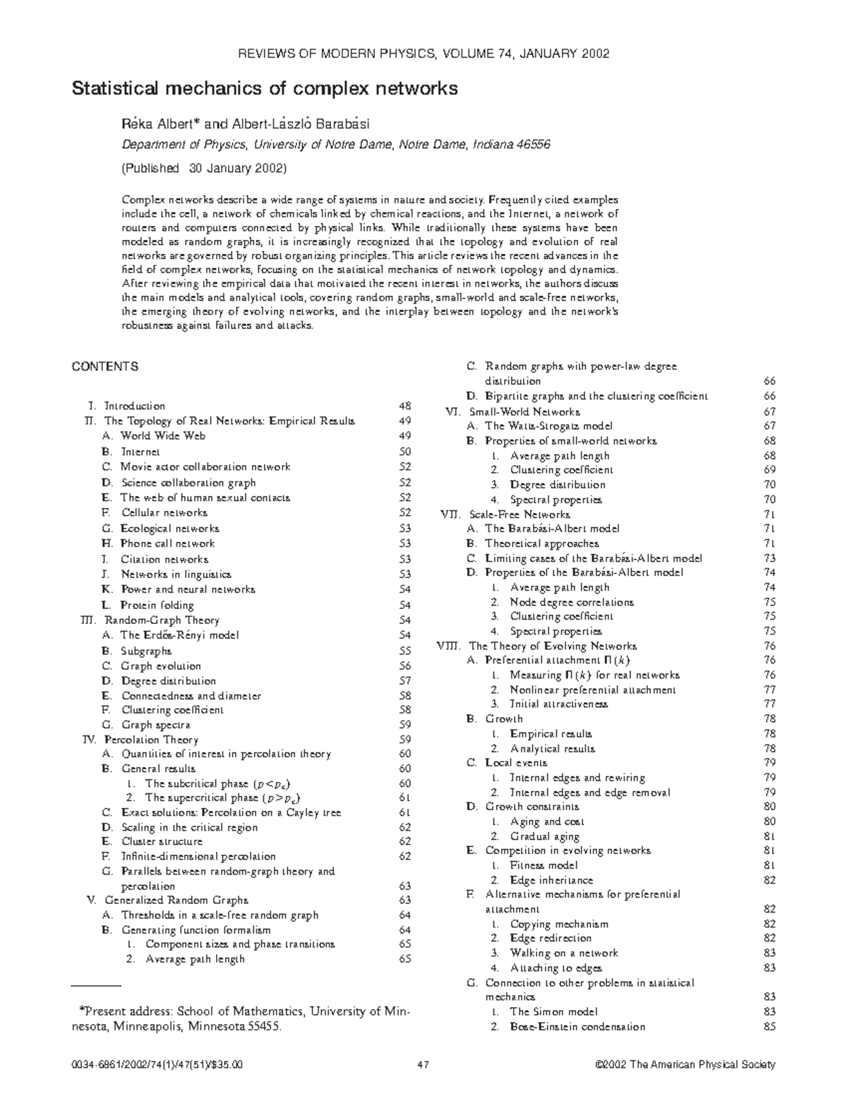 2002 01-30 Rev Modern Phys-Statistical Mech - REVIEWS OF MODERN PHYSICS, VOLUME 74, JANUARY 2002 ...