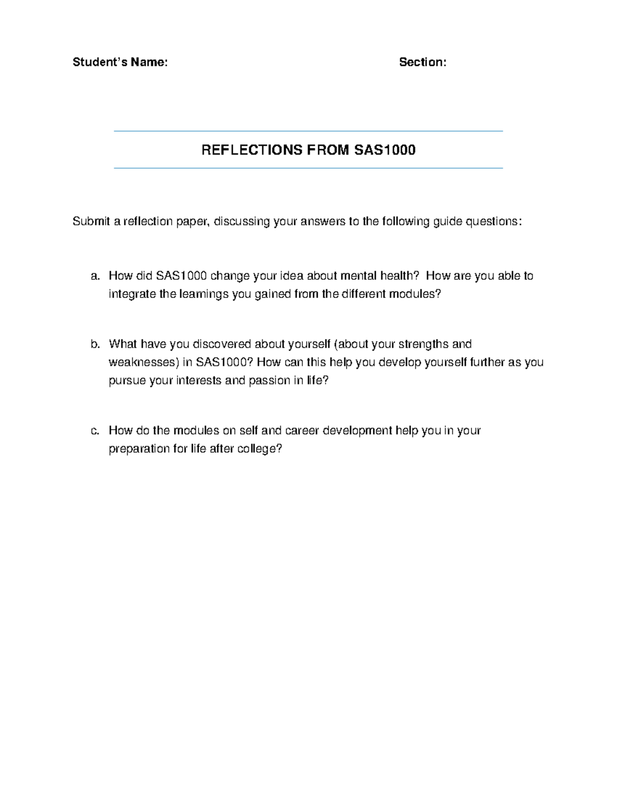 Last Name SAS1000 Reflection Paper Assignment#2 - Student’s Name: Section: REFLECTIONS FROM SAS ...