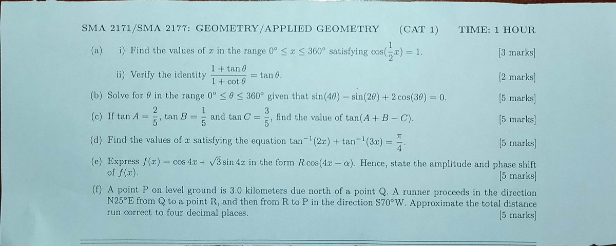 SMA 2177 Applied Geometry CAT 1 - Mechatronics engineering - Studocu